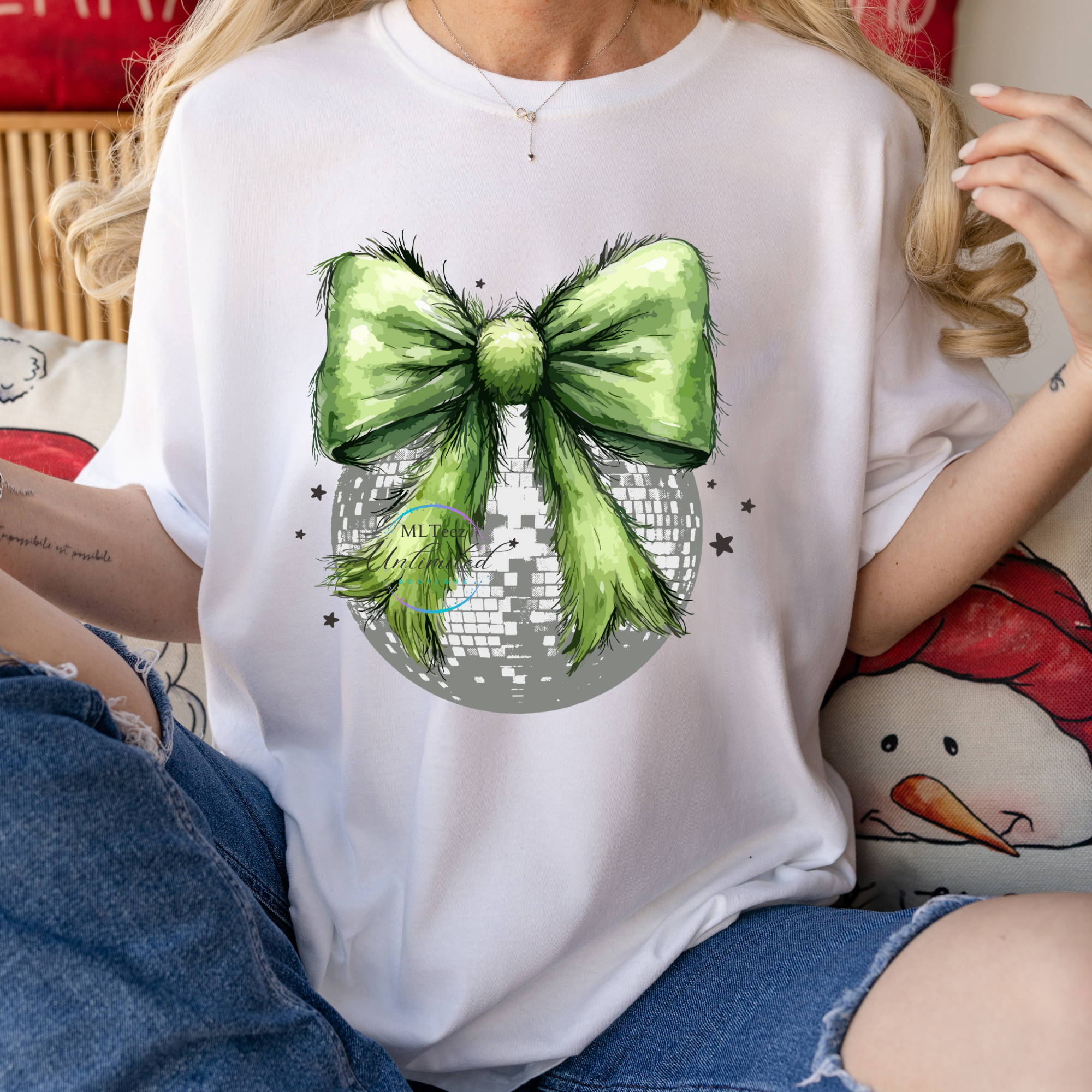 Big Green Man Fuzzy Green Bow & Disco Ball DTF Direct To Film ...